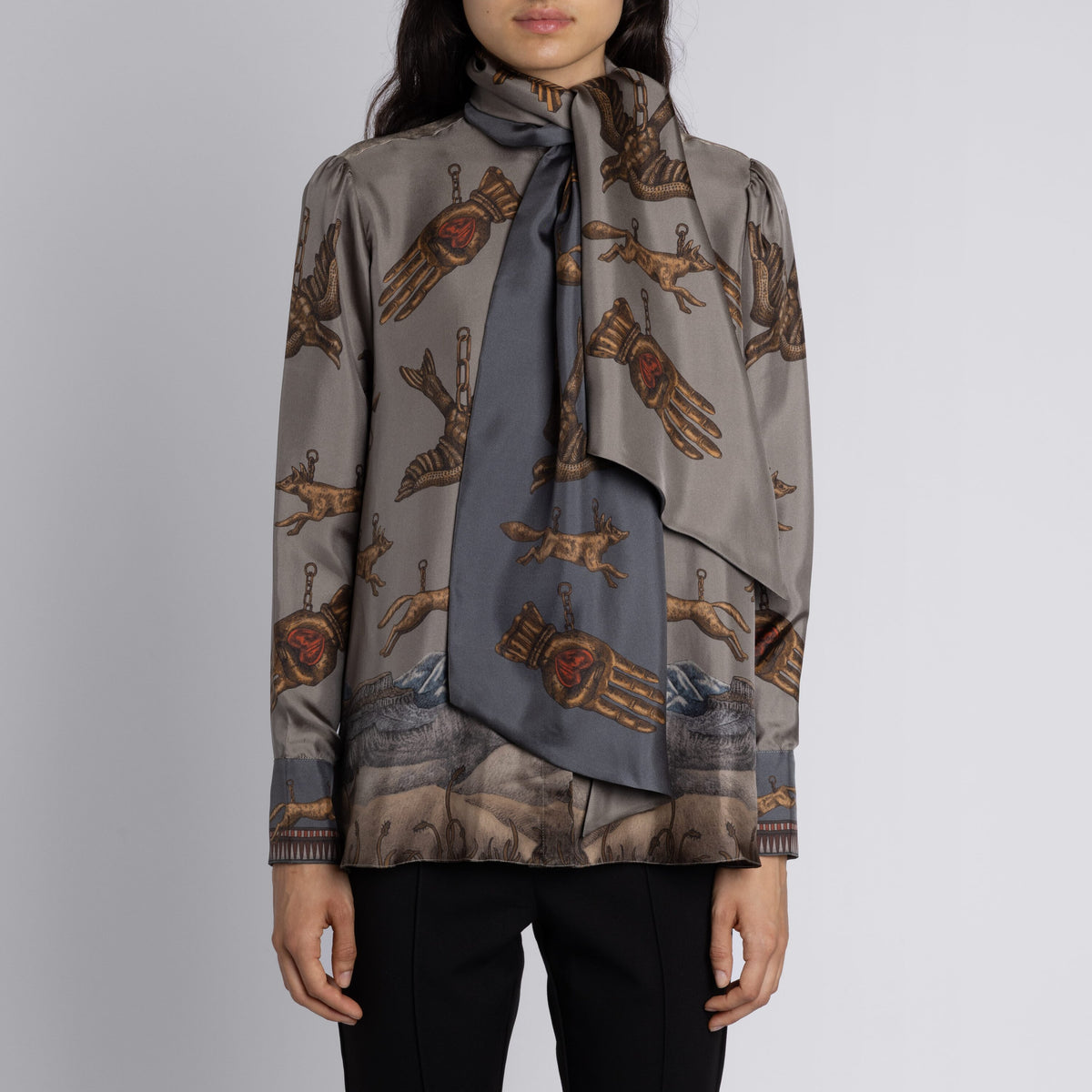 Secrets of the Bison Tie-Neck Silk Blouse in Chambray Stone | Sabina Savage